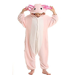 DELEY Unisex Adult Axolotl Onesie Pajamas, Flannel Animal One Piece Costume Sleepwear Halloween Cosplay Homewear
