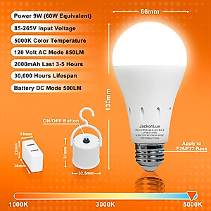 JackonLux Rechargeable Emergency LED Bulb Multi-Function Battery Backup Light for Power Outage Camping Outdoor Activity Hurricane 9W 800LM 60W Equivalent Daylight 5000K E26 120 Volt 2 Pack