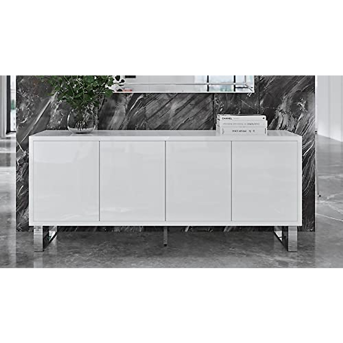 Zuri Furniture Modern Neve Sideboard in White High Gloss Lacquer with Polished Stainless Steel Legs