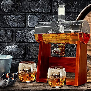 NutriChef Glass Whiskey Decanter with Glasses -1100ml Barrel Whiskey Carafe Alcohol Decanter Set, Decanter w/ Spigot, Stopper & Base, For Brandy Wine Cognac Rum Gin Scotch Bourbon - NutriChef
