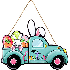 Jetec Happy Easter Hanging Sign Truck Bunny Welcome Wooden Door Sign Truck Hanging Plaque Rustic Wall Sign Yard Indoor Outdoor Garden Decoration with Rope, 13.4 x 10 Inch