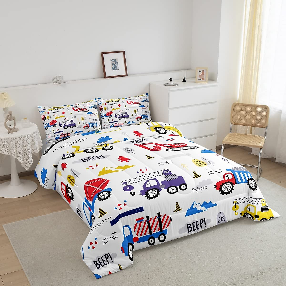 Kids Construction Truck Comforter Twin Size Boys Cartoon Cars Bedding Set Machinery Excavator Tractor Equipment Comforter Set 2Pieces Cute Vehicles Red Blue Yellow Quilt with 1 Pillowcase Boys