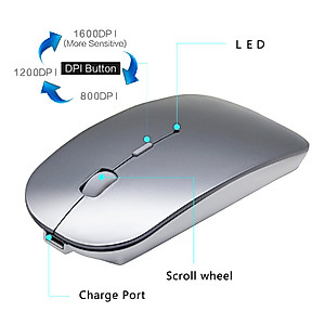 Tsmine Wireless USB Charger Computer Mouse for MacBook Air Mac Pro Laptop Ipad Pad PC The Laser Optical Rechargeable Mini Slim Silent Mice is Replacement Wired Widely Used Desktop iMac (Gray)