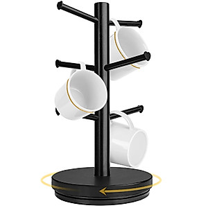 Ofiray-home Mug Tree, Upgraded 360° Rotating 6 Hooks Coffee Cup Holder for Countertops, Thicker Base Wooden Mug Holder with Heart-Shaped Tags for Home Storage and Organization, Coffee Bar Accessories