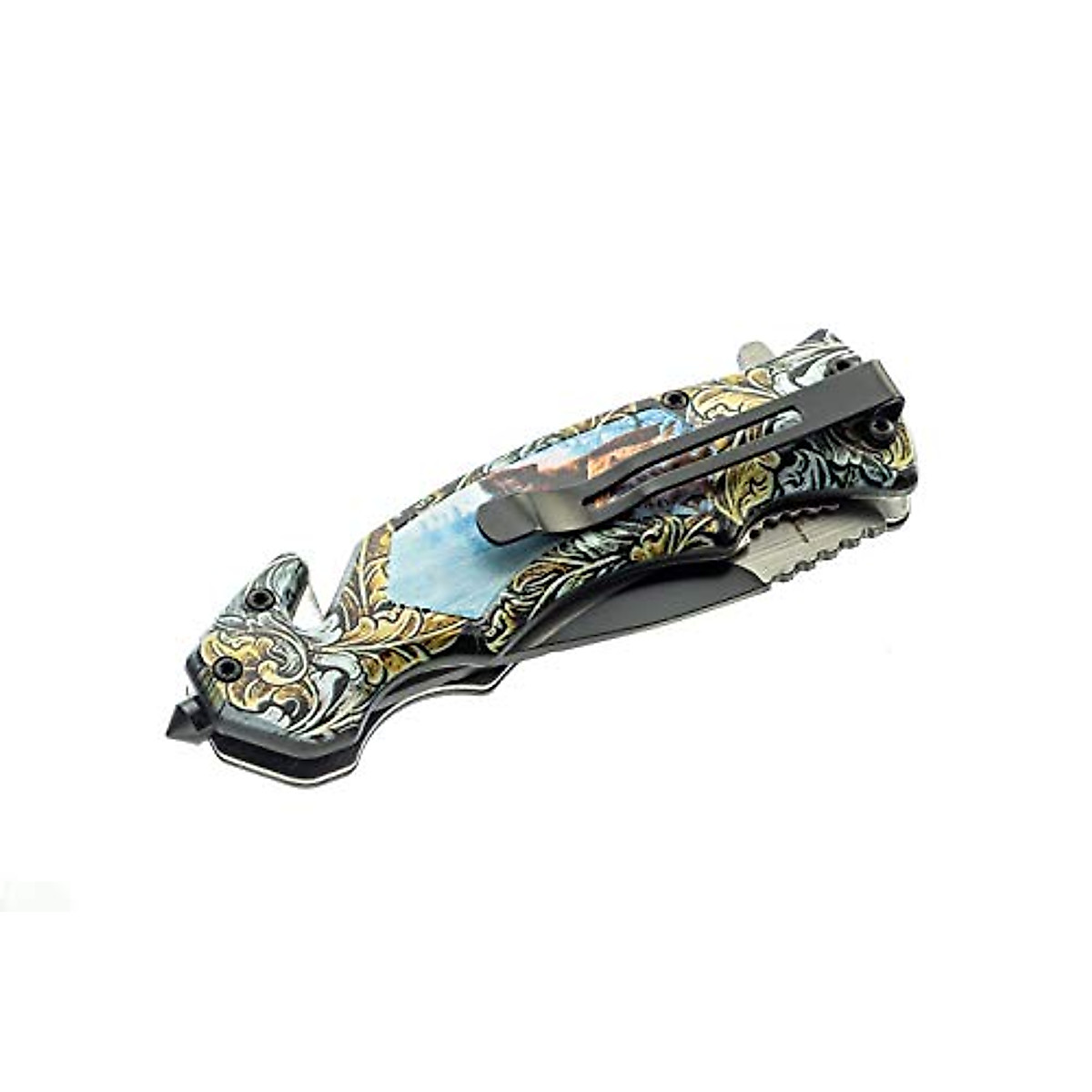 SE Spring Assisted Clip Point Folding Knife with Howling Wolf Design - KFD20024-2