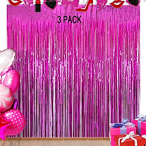 Foil Fringe Curtains - Party Streamers for Barbie Backdrop Barbie Birthday Mean Girls Party Decorations - 3Packs 3.2ft x 8.2ft Fuchsia Metallic Tinsel Backdrop Curtains