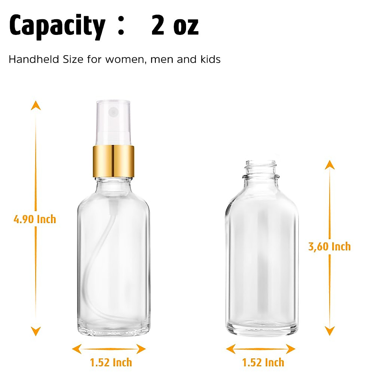 Tecohouse Glass Spray Bottles for Essential Oils, 2 oz Small Empty Refillable Sprayer Container with Golden Top, Labels, Funnel, Lids, Pipettes - Pocket Size 4 Pack Clear