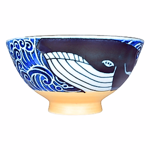 Mino Ware Japanese Rice Bowl, Rice Ramen Noodle Soup Sarada Pasta, Wave Whale Chawn, 4.6 inch 10oz Set of 2