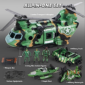 JOYIN 10-in-1 Military Helicopter Toys Set with Light, Sound, Trucks, Boat, Bike, Army Men, Weapons - Kids Gifts