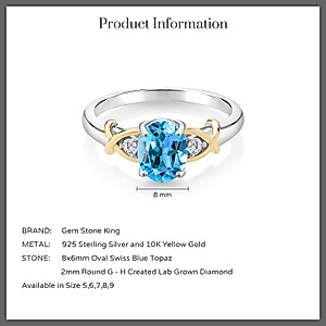 Gem Stone King 2 Tone 10K Yellow Gold and 925 Sterling Silver Swiss Blue Topaz and Lab Grown Diamond Ring For Women (1.58 Cttw, Gemstone Birthstone, Available In Size 5, 6, 7, 8, 9)