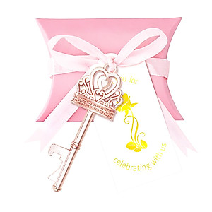50 Sets Vintage Crown Key Bottle Openers, Wedding Favor Souvenir Gift for Guests with Escort Tag Pillow Candy Box and Satin Ribbon (Rose Gold)