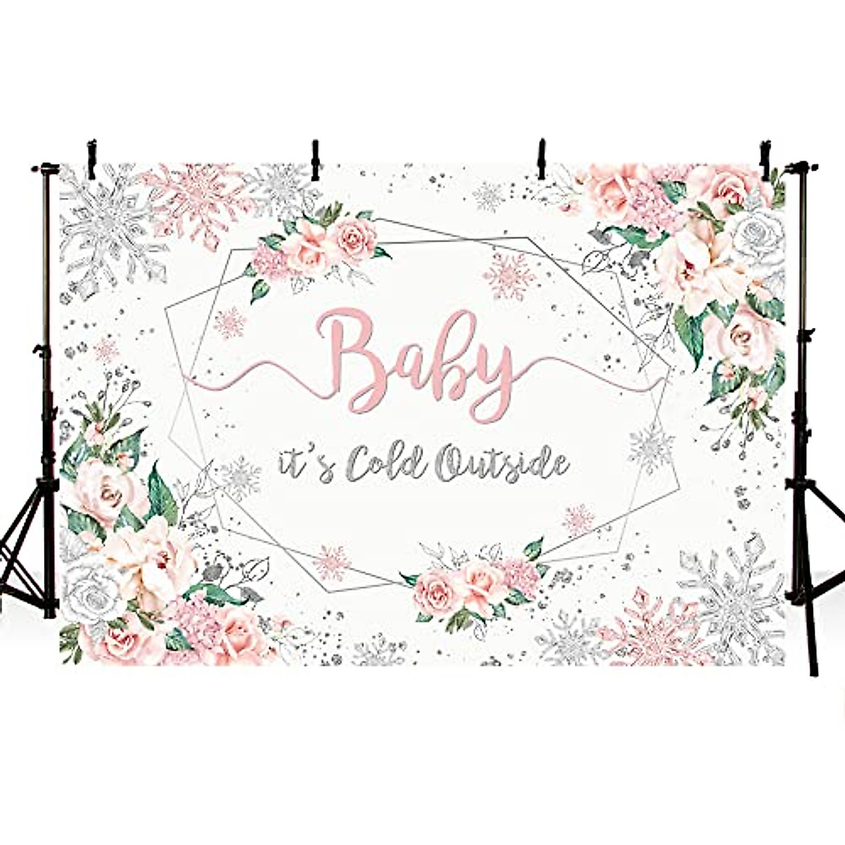 MEHOFOND Baby It's Cold Outside Backdrop Sliver Snowflake Girl Baby Shower Party Decorations Winter Wonderland Photography Background Snowfall Banner Blush Pink Floral Studio Props 7x5ft