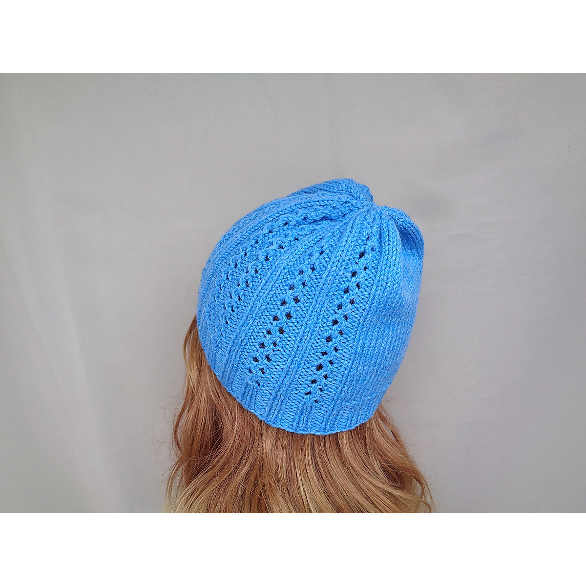 Womens Beanie Hat with Lace Design, Sky Blue, 100% Wool, Hand Knit Snug Cap, Teen Girls Skater Skullie