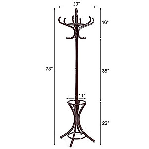 GOFLAME 73" Coat Rack Freestanding, Wooden Coat Tree with 12 Hooks and Umbrella Stand, Entryway Hall Tree, Hat Hanger Organizer, Coat Rack Stand for Coats, Hats, Scarves, Bags, Easy Assembly, Brown