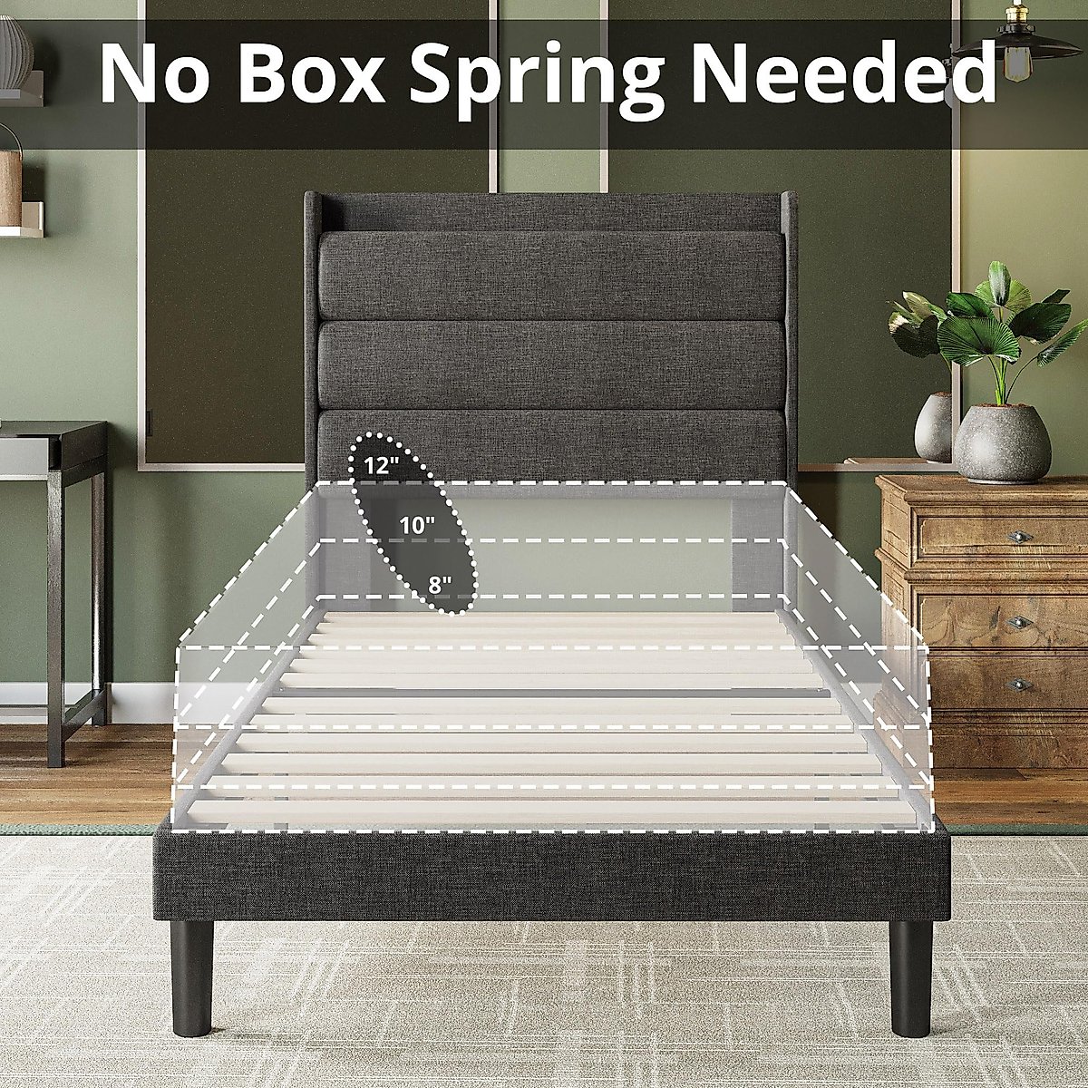 LIKIMIO Twin XL Bed Frames, Storage Headboard with Outlets, Sturdy and Stable, No Noise, No Box Springs Needed, Dark Gray