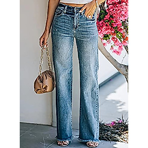 Sidefeel Women High Waisted 90 Flare Raw Hem Denim Jeans Wide Leg Pants Size 10 Blue