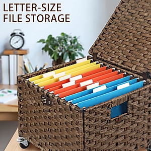 ETRONIK Rolling File Cabinet, Updated 2 Layer File Cabinets for Home Office, Hand Woven File Box with Wheels, File Organizer for Hanging Letter Size Folder, Home Decorative Document Basket, Brown