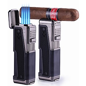 TOMOLO Torch Lighter Cigar Lighter Quadruple Flame Butane Refillable Lighter with Cigar Holder, Cigar Punch Built in, 2 Pack (Gas Not Included) (Black)