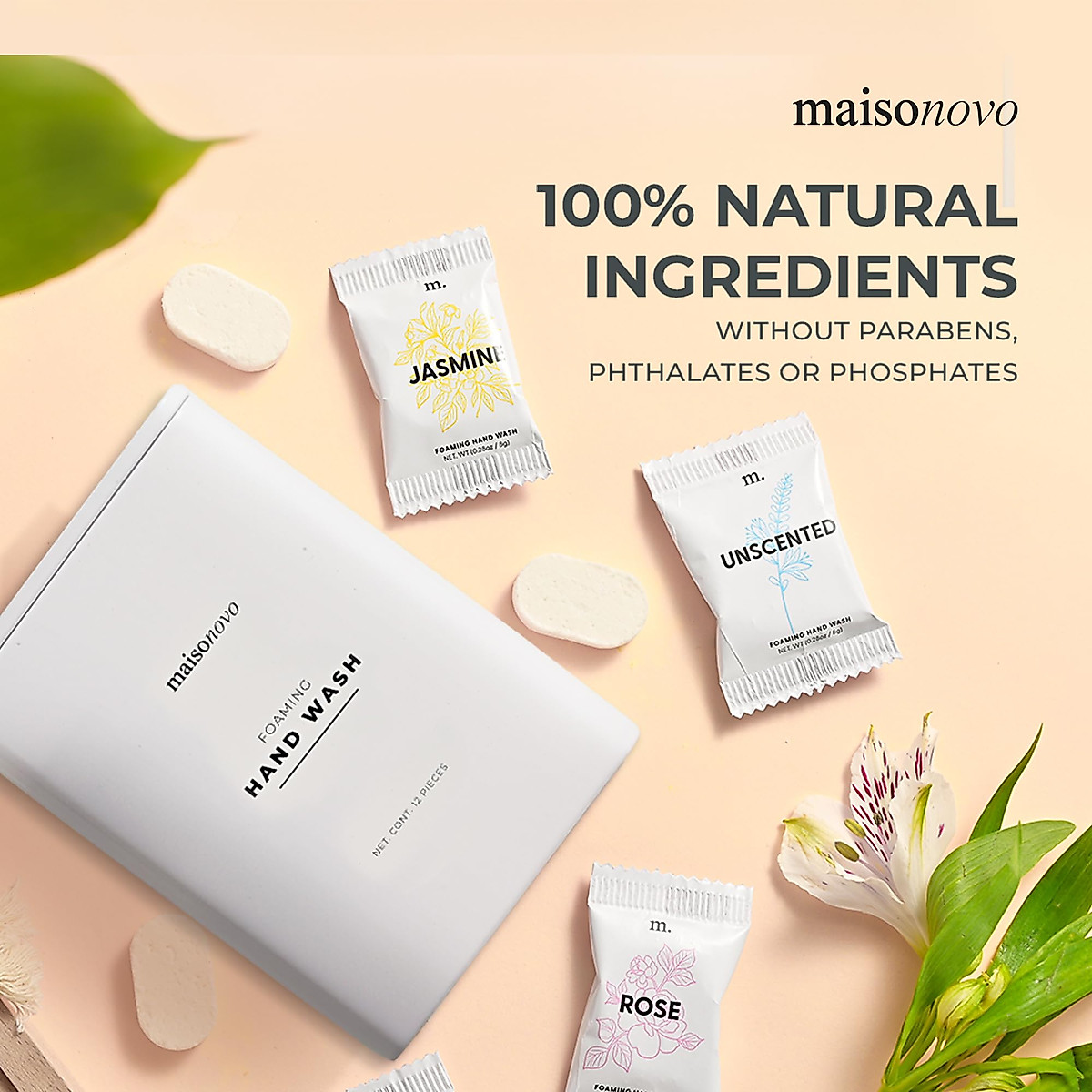 MaisoNovo Foaming Soap Dispenser with Concrete Tray - Hand Soap Refills for Foaming Dispenser - Black Bottle w.Tray 14 oz - 12 Mix Tablets