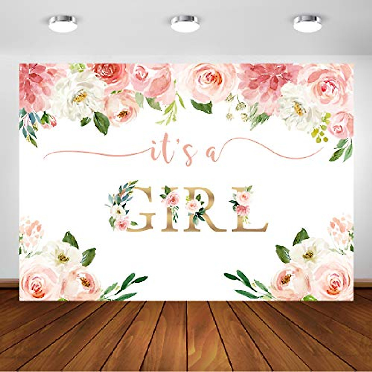 Aperturee It's a Girl Baby Shower Backdrop Watercolor Pink Floral Photography Background 7x5ft Flower Baby Girl Party Decorations Photo Booth Photoshoot Props Banner Supplies