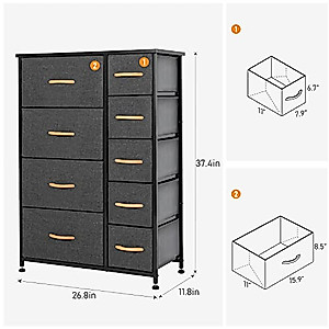 Pellebant 9 Drawers Vertical Storage Tower- Fabric Dresser, Sturdy Metal Frame, Fabric Storage Bins with Wooden Handle and Wooden Top, Organizer Unit for Bedroom/Closet/Hallway/Entryway,Grey