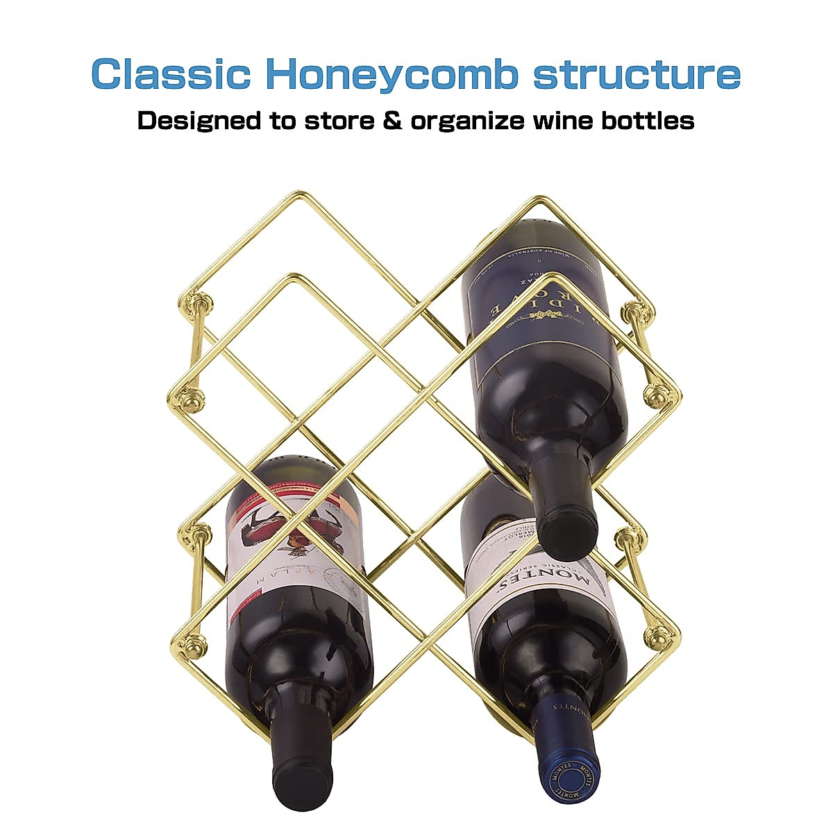 Buruis Countertop Wine Rack - 6 Bottle Wine Holder for Red White Wine Storage - Freestanding Metal Wine Rack - Small Tabletop Wine Rack - Modern Wine Bottle Holder (6 Bottle Gold)