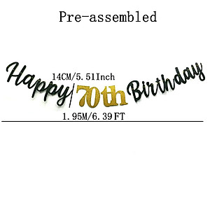 Glitter Happy 70th Birthday Banner - 70 Birthday Sign Banner - Cheers to 70 Years Birthday Party Bunting Decorations Black Pre-Assembled (Black)