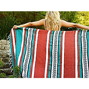 Green and Rust Mexican Blanket by Laguna Beach Textile Co - Beach, Yoga, Camping, or Decorative Throw Blanket - Traditional Handmade Serape - Rustic Green