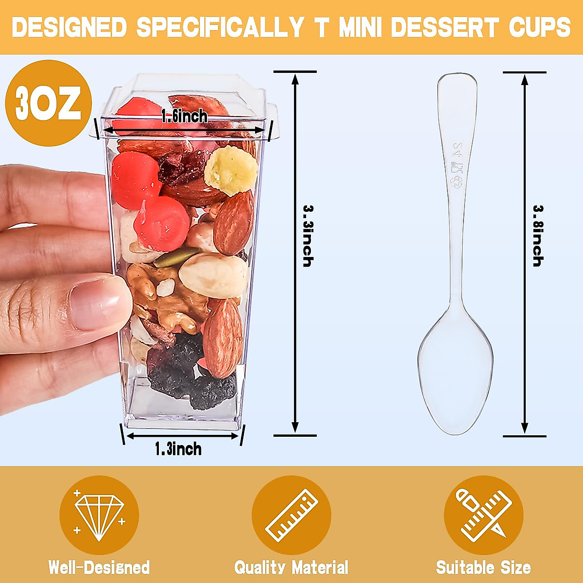 Vetory 50 Pack 3 oz Mini Dessert Cups,Plastic Dessert Cups with Lids and Spoons,Tall Square Clear Parfait Cups Appetizer Cups,Great for Tasting Party Desserts Appetizers Puddings Mousse