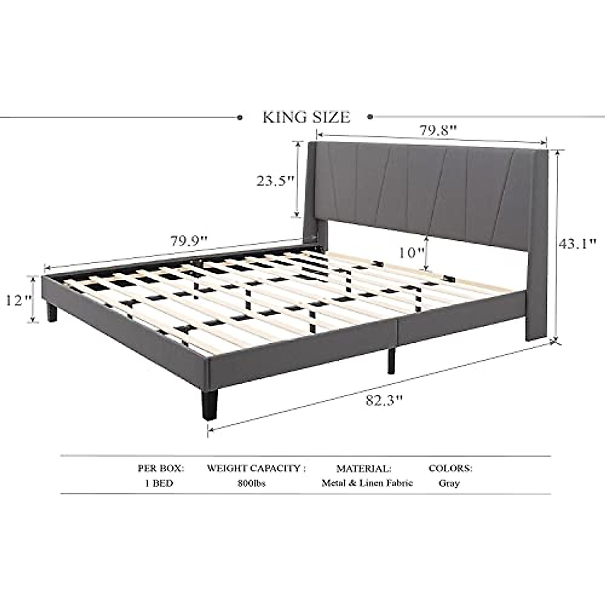 Benevika King Size Platform Bed Frame with Geometric Wingback Headboard, Wooden Slats Support, No Box Spring Needed, Easy Assembly, Gray