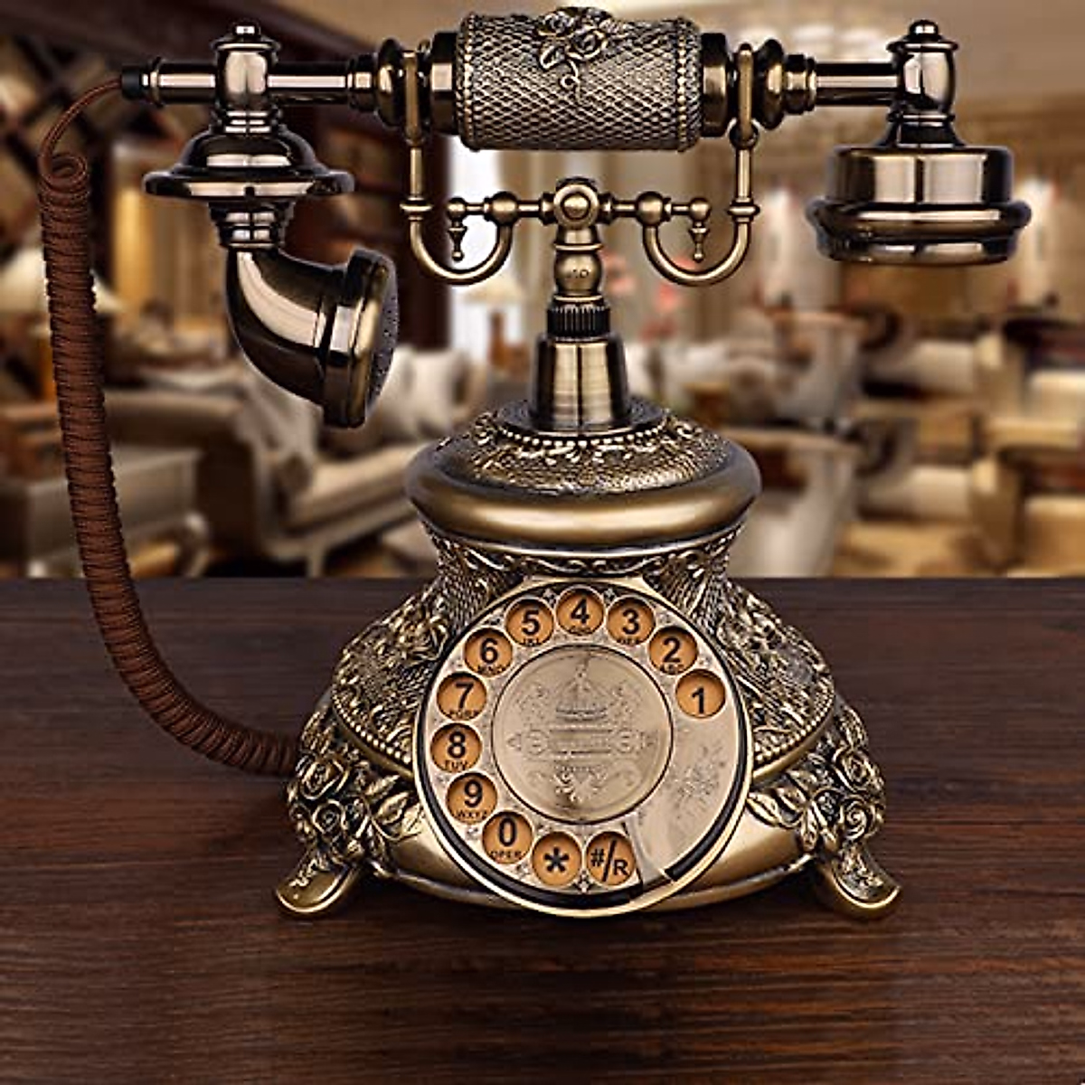 TelPal Bronze Retro Vintage Antique Style Rotary Dial Button Desk Telephone Phone Home Office Telephone Set