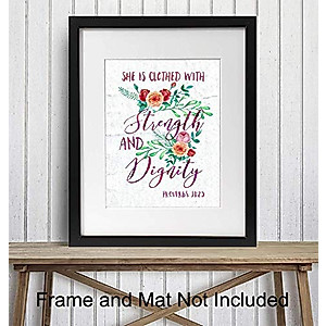She is Clothed With Strength and Dignity - Christian Wall Decor - Proverbs 31 - Bible Verse Wall Art - Scripture Wall Decor - Inspirational Gift for Women, Girls - Religious Gifts - God Wall Decor