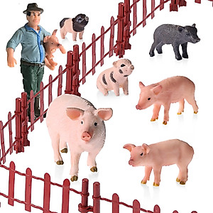 17 Pcs Realistic Farm Pig Animals Model Figure Toy Set Barn Farm Pig Figurines Collection Playset Mini Farm Figurines Plastic Pig Toy with Farm Keepers and Fence for Preschool Educational Props