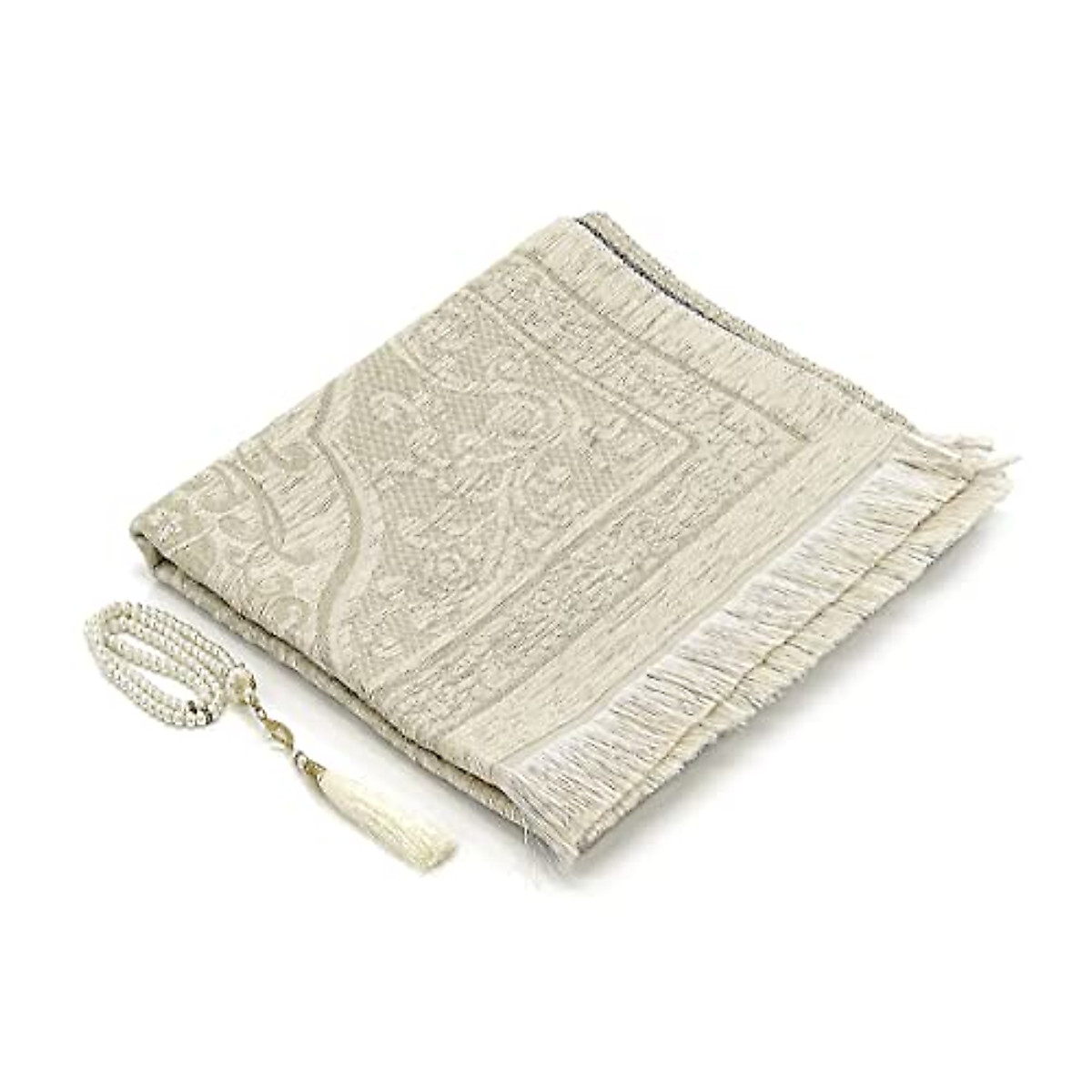 Muslim Prayer Rug with Prayer Beads | Janamaz | Sajadah | Soft Islamic Prayer Rug with New Mihrab Design | Islamic Gifts | Prayer Carpet Mat, Chenille Fabric, Cream