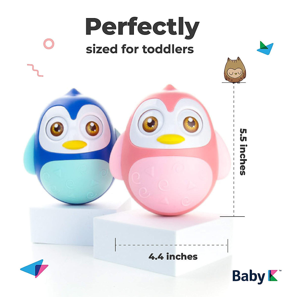 BABY K Penguin Weeble Wobble Toys (Blue) - Tummy Time Wobbler for Montessori Babies - Musical Roly Poly Toy - Shakes, Rolls and Jingles - Developmental Toys for Newborn Infants 3-6, 7-9, 12-18 Months