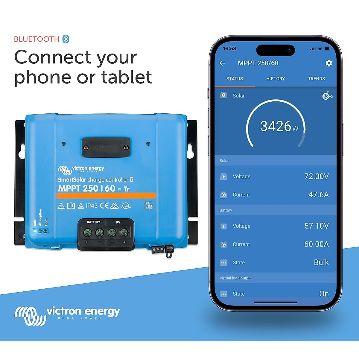 Victron Energy SmartSolar MPPT Tr 250V 60 amp 12/24/36/48-Volt Solar Charge Controller (Bluetooth)
