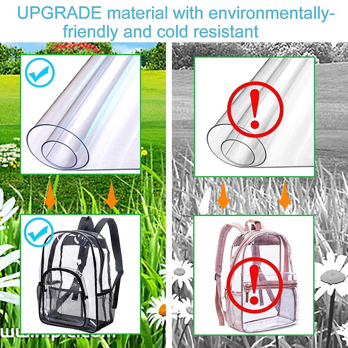 Clear Backpack, Heavy Duty PVC Transparent Bookbag, Waterproof See Through Backpacks for Women and Men - Black