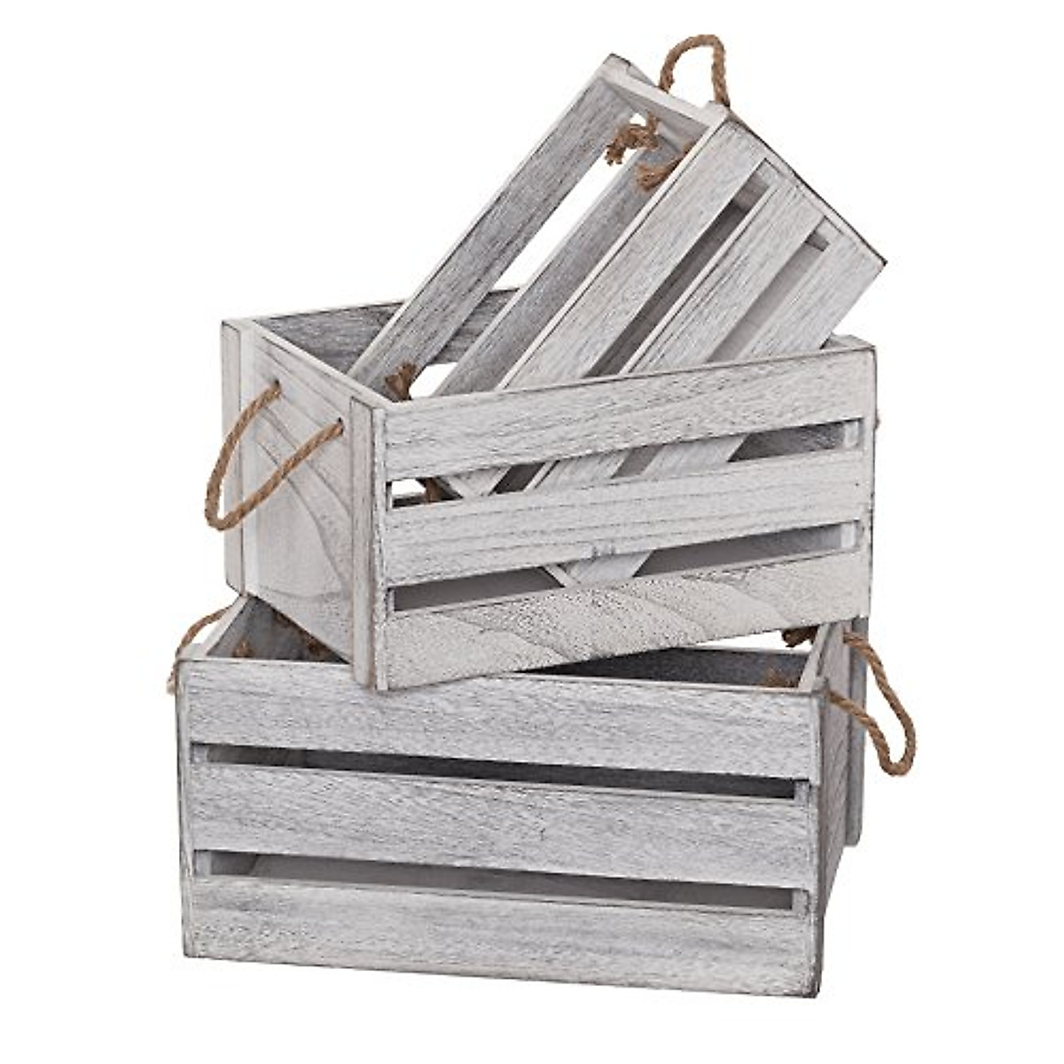SLPR Wooden Crates for Decoration and Storage (Set of 3, Rope Handles): Rustic White Wood Crate Boxes for Display, Small Distressed Farm Bin, Prop Boxes for Photography, Craft Storage