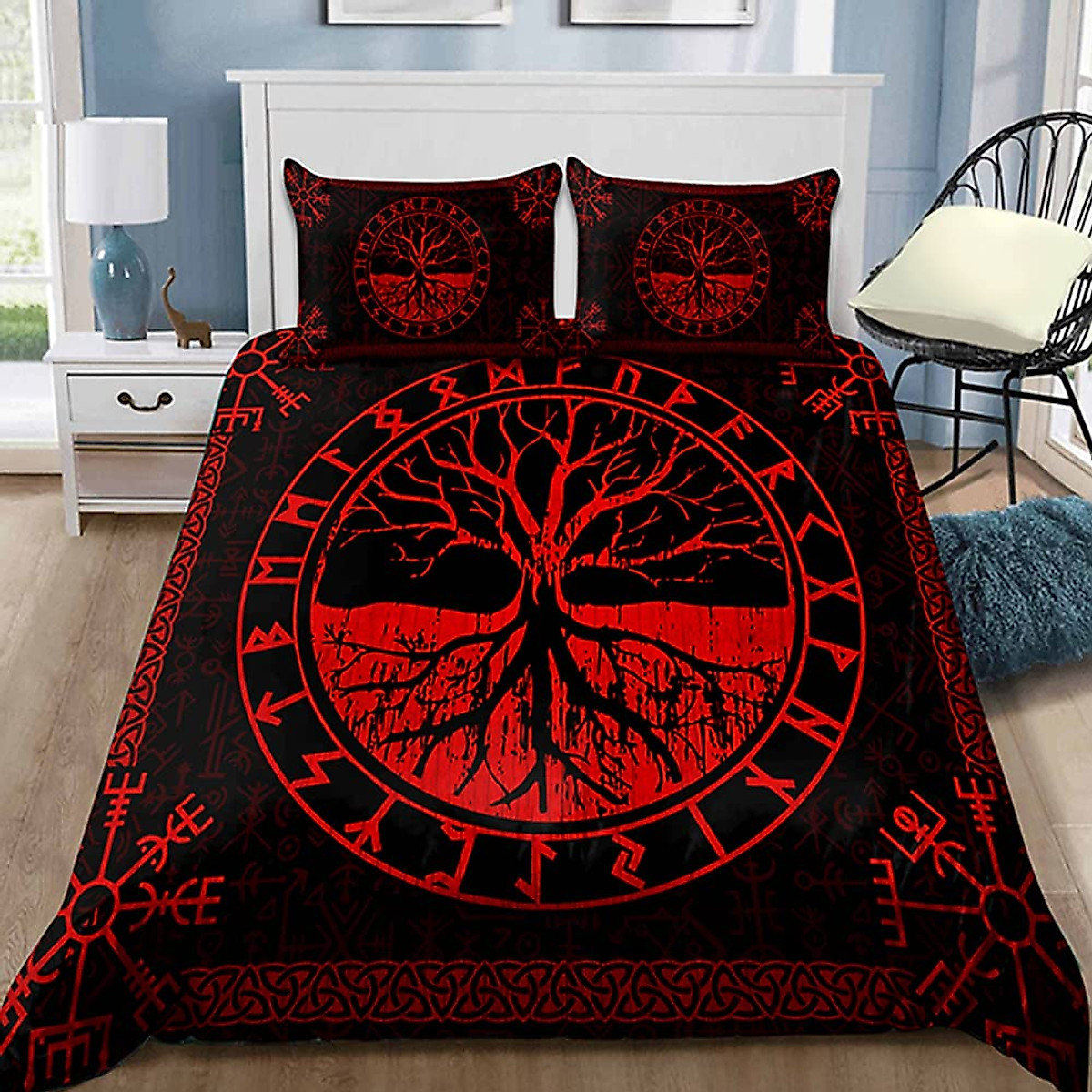 WDBAYXH Nordic Tree of Life 3 Piece Bedding Set, Viking 3D Print Duvet Cover with Pillowcases, Scandinavian Folklore Motifs Bedroom Home Textiles,Red,Queen