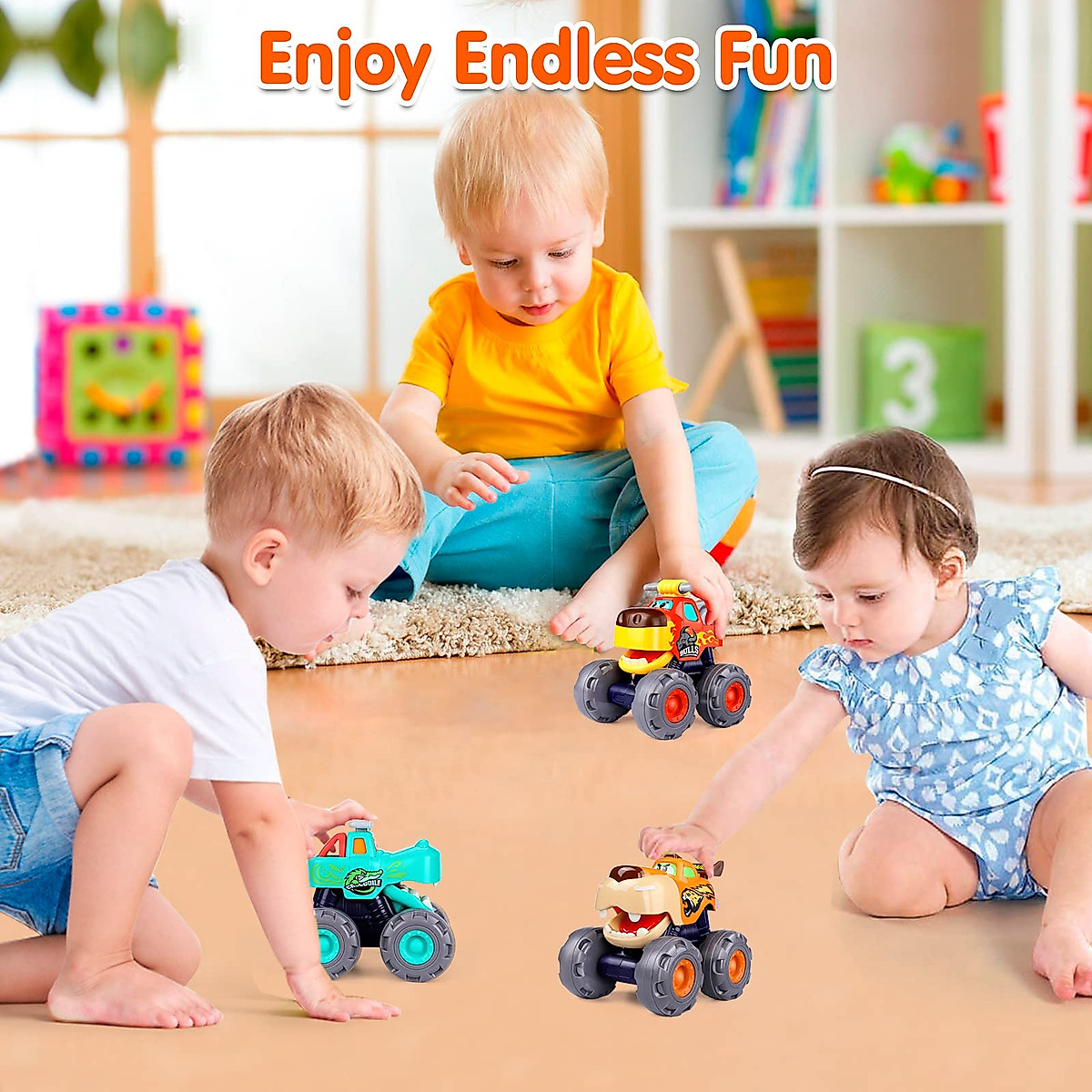 HINZER Toy Cars for 1 2 3 Year Old Boys 3 Pack Monster Trucks for Kids Toddlers 1-4 Pull Back Cars in Park Camp Baby Toys 12 18 Months Birthday Gifts for 1 Year Old Boys Girls