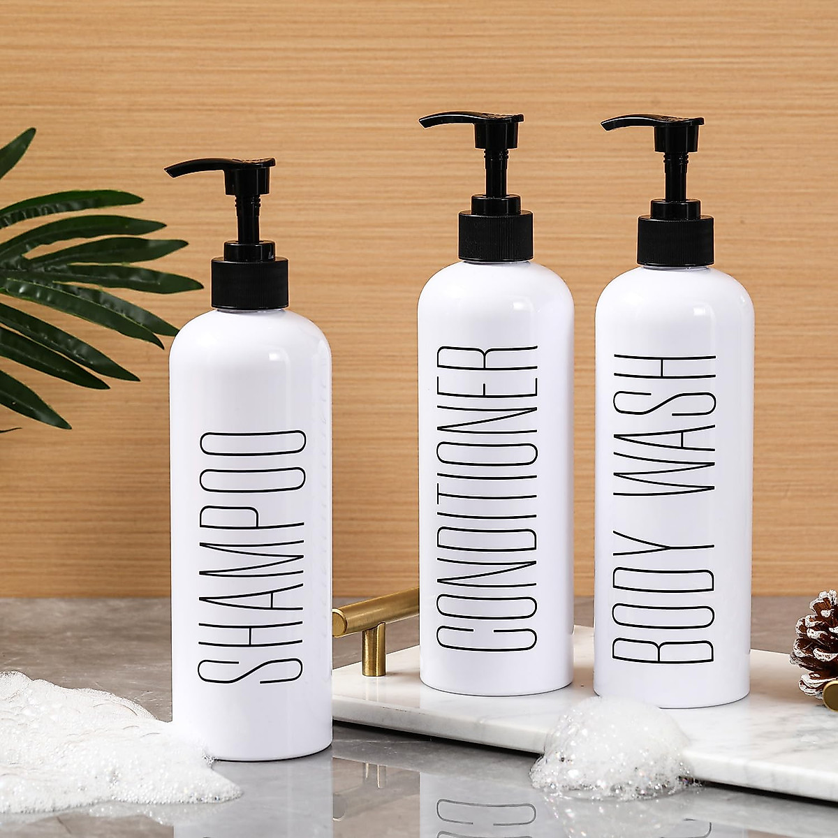 HOMCDALY Shampoo and Conditioner Dispenser, 16oz 3-Pack Refillable Shampoo and Conditioner Bottles, Empty Shampoo Bottles, Shampoo Conditioner Body Wash Dispenser, Bathroom Shampoo Dispenser Set(white