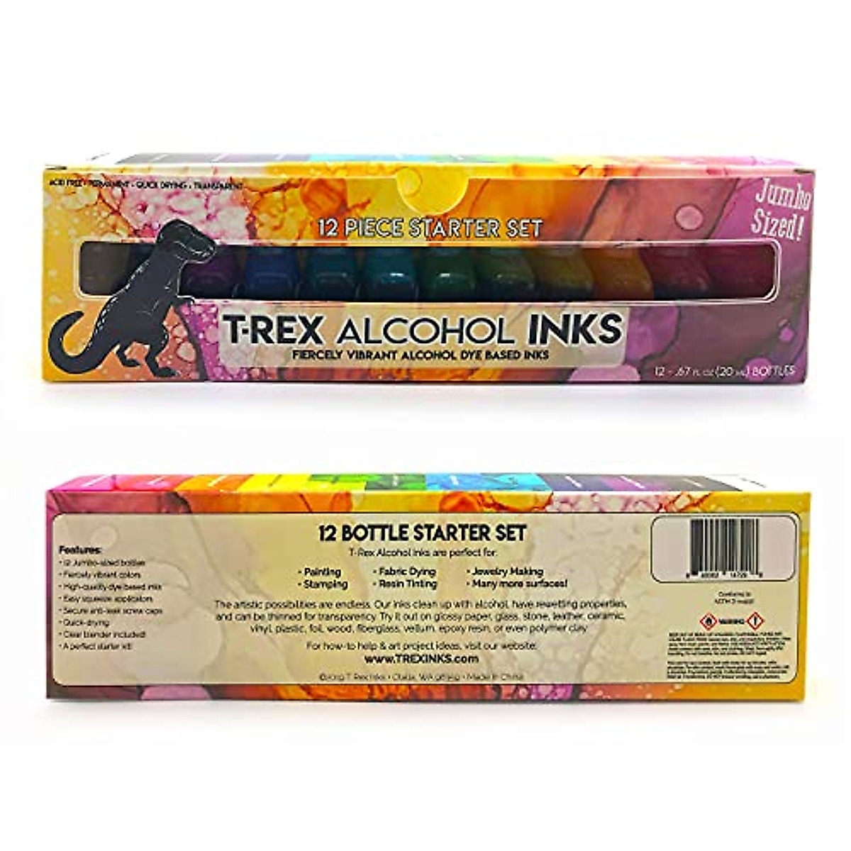 T-Rex Inks Premium Alcohol Inks Starter Set- 12 Vibrant XL Colors - Alcohol Ink for Epoxy Resin Dye, Painting, Tumbler Making & More - Storage Box & Alcohol Ink Blending Solution - 20ml Bottles