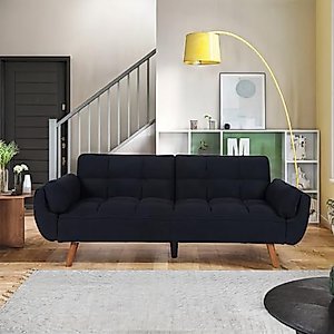 Wonder Comfort Corduroy Futon Sofa Bed Loveseat, Adjustable Backrest Convertible Sleeper Reclining Couch with Tapered Wood Legs, Black