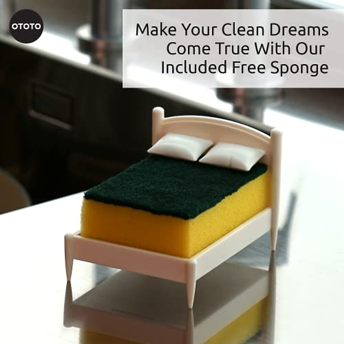 OTOTO Clean Dreams Kitchen Sponge Holder - Plastic Dish Sponge Holder for Kitchen Sink, Fits Any Standard Size Scrubby - Kitchen Sink Organizer, Decor, and Unique Gift Idea - Sponge Included