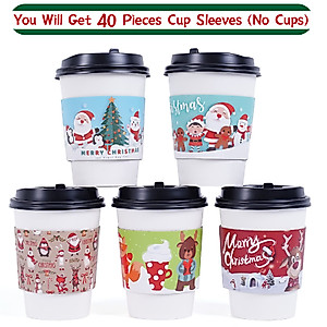 Smarimple Christmas Coffee Cup Sleeves 40 Count Hot Chocolate Cocoa Paper Cup Sleeves, Double-Layer Protective Heat Cold Drinks Insulated for Tea Cold Beverage Fits 12 oz to 20 oz Cups, 5 Designs