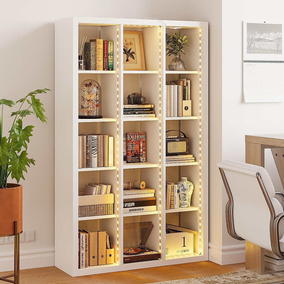 IRONCK 15 Cube Bookcase Storage Shelf Organizer with LED Lights, 5 Tier Bookshelves and Bookcases Display Shelves, Horizontally or Vertically Use, White