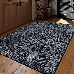 Lahome Black Abstract Rugs for Living Room 5x7, Machine Washable Morden Black Carpet Rug for Bedroom, Neutral Solid Soft Home Office Rugs for Dining Room Apartment
