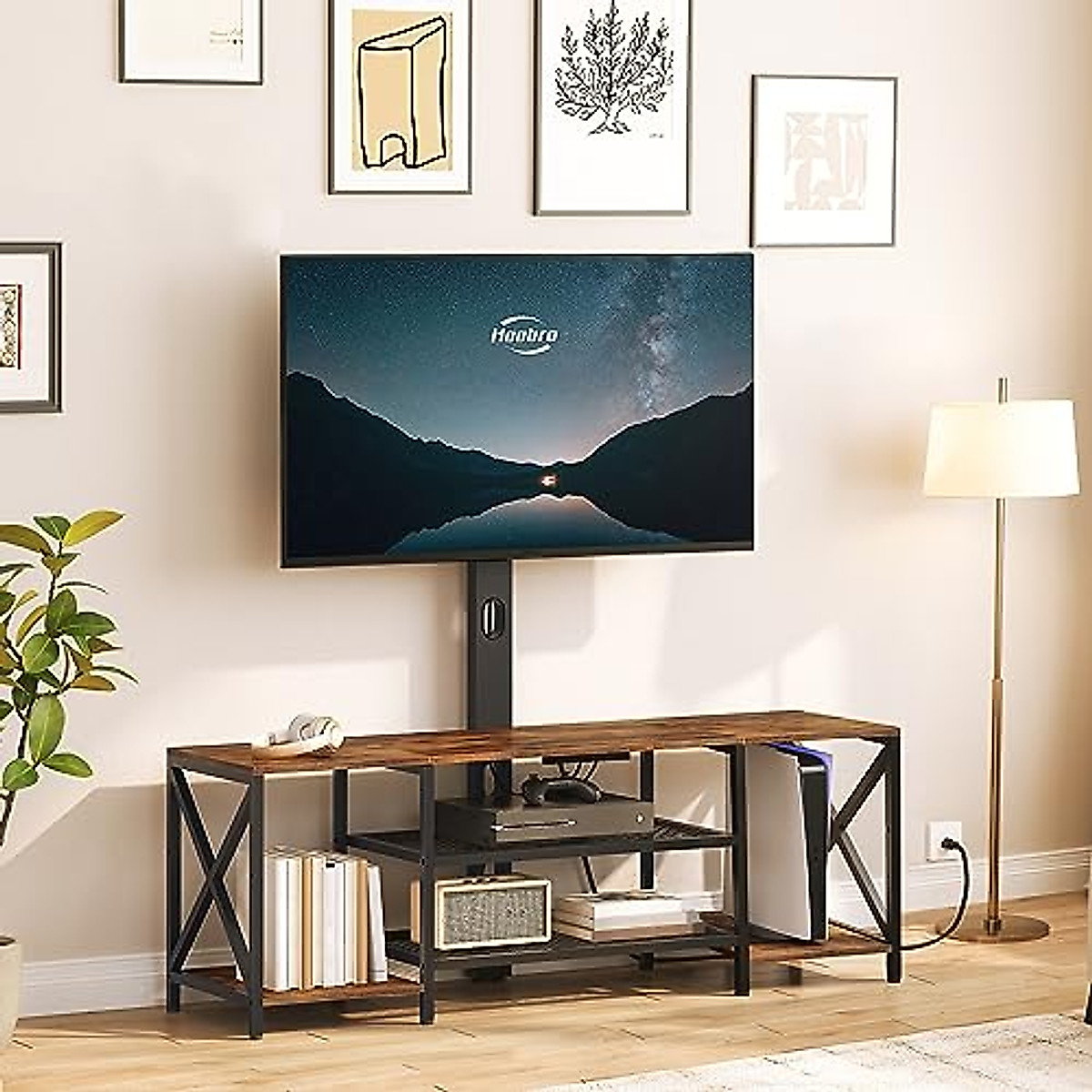 HOOBRO TV Stand with Mount and Power Outlet 55.1", Entertainment Center with Swivel TV Mount for TVs Up to 75", TV Stand Mount with Storage Shelves for Living Room, Bedroom, Rustic Brown BF146UDS01