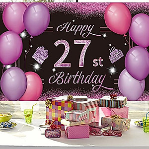 Happy 27st Birthday Backdrop Banner Pink Purple 27th Sign Poster 27 Birthday Party Supplies for Anniversary Photo Booth Photography Background Birthday Party Decorations, 72.8 x 43.3 Inch