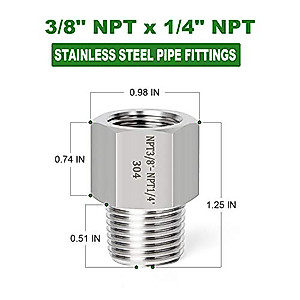 TAISHER 2PCS Forging of 304 Stainless Steel Fitting, Reducer Adapter, 1/4-Inch Male Pipe x 3/8-Inch Female Pipe